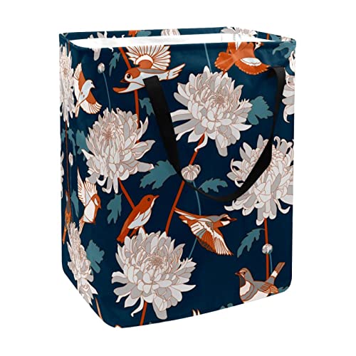 Flying Birds on Chrysanthemum Print Collapsible Laundry Hamper, 60L Waterproof Laundry Baskets Washing Bin Clothes Toys Storage for Dorm Bathroom Bedroom