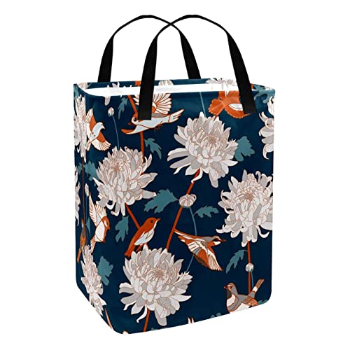 Flying Birds on Chrysanthemum Print Collapsible Laundry Hamper, 60L Waterproof Laundry Baskets Washing Bin Clothes Toys Storage for Dorm Bathroom Bedroom