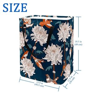 Flying Birds on Chrysanthemum Print Collapsible Laundry Hamper, 60L Waterproof Laundry Baskets Washing Bin Clothes Toys Storage for Dorm Bathroom Bedroom