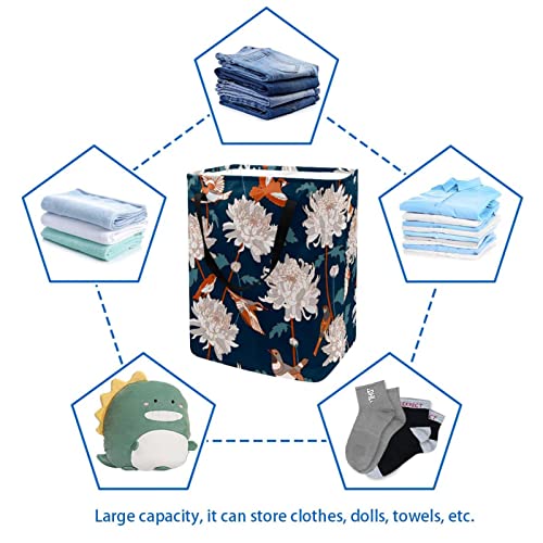 Flying Birds on Chrysanthemum Print Collapsible Laundry Hamper, 60L Waterproof Laundry Baskets Washing Bin Clothes Toys Storage for Dorm Bathroom Bedroom