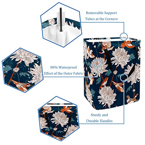 Flying Birds on Chrysanthemum Print Collapsible Laundry Hamper, 60L Waterproof Laundry Baskets Washing Bin Clothes Toys Storage for Dorm Bathroom Bedroom