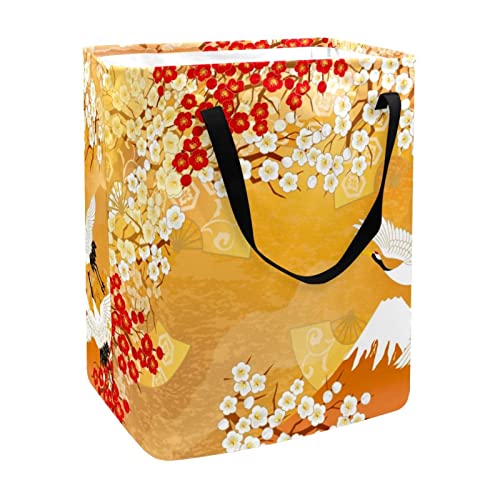 Flying Cranes and Floral Print Collapsible Laundry Hamper, 60L Waterproof Laundry Baskets Washing Bin Clothes Toys Storage for Dorm Bathroom Bedroom