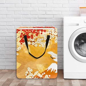 Flying Cranes and Floral Print Collapsible Laundry Hamper, 60L Waterproof Laundry Baskets Washing Bin Clothes Toys Storage for Dorm Bathroom Bedroom