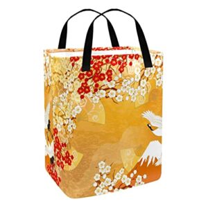 Flying Cranes and Floral Print Collapsible Laundry Hamper, 60L Waterproof Laundry Baskets Washing Bin Clothes Toys Storage for Dorm Bathroom Bedroom