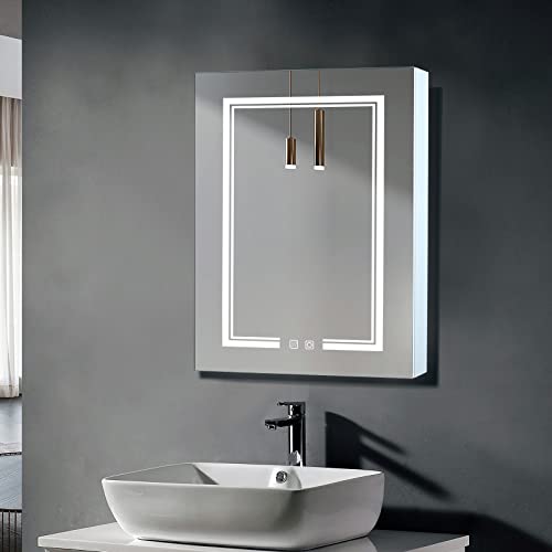 FCH 20 Inch Bathroom Wall Cabinet with Dimmable LED Mirror, Anti-Fog LED Lighted Mirror Medicine Cabinet Over The Toilet Storage with 2 Outlets 2 USB Ports Inside and Outside Mirror Single Door