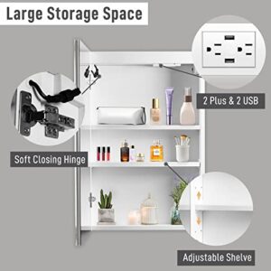 FCH 20 Inch Bathroom Wall Cabinet with Dimmable LED Mirror, Anti-Fog LED Lighted Mirror Medicine Cabinet Over The Toilet Storage with 2 Outlets 2 USB Ports Inside and Outside Mirror Single Door