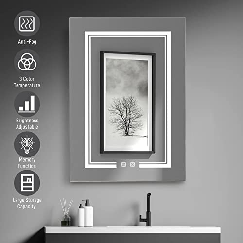 FCH 20 Inch Bathroom Wall Cabinet with Dimmable LED Mirror, Anti-Fog LED Lighted Mirror Medicine Cabinet Over The Toilet Storage with 2 Outlets 2 USB Ports Inside and Outside Mirror Single Door