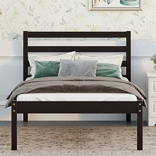 Airdown Twin Size Bed Frame No Box Spring Needed, Metal Platform Bed Frame Twin with Wooden Headboard, Mattress Foundation with Wood Slat Support, Easy Assembly, Noise-Free