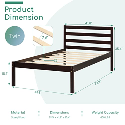 Airdown Twin Size Bed Frame No Box Spring Needed, Metal Platform Bed Frame Twin with Wooden Headboard, Mattress Foundation with Wood Slat Support, Easy Assembly, Noise-Free