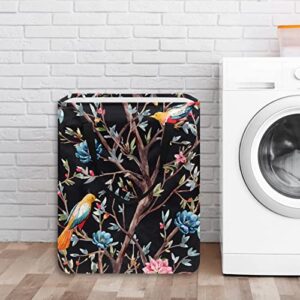 Retro Birds on Tree Print Collapsible Laundry Hamper, 60L Waterproof Laundry Baskets Washing Bin Clothes Toys Storage for Dorm Bathroom Bedroom