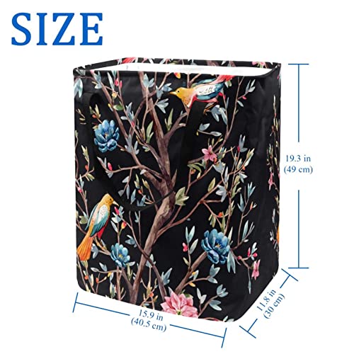 Retro Birds on Tree Print Collapsible Laundry Hamper, 60L Waterproof Laundry Baskets Washing Bin Clothes Toys Storage for Dorm Bathroom Bedroom