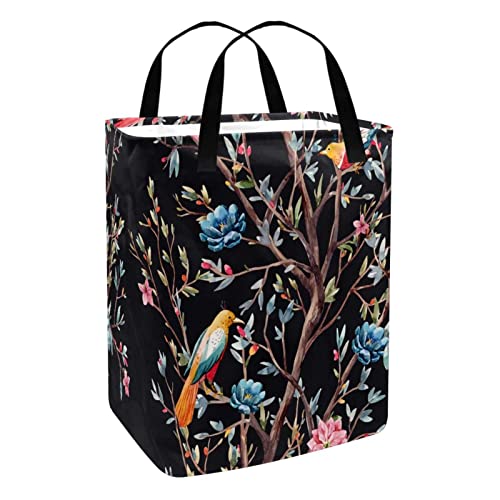 Retro Birds on Tree Print Collapsible Laundry Hamper, 60L Waterproof Laundry Baskets Washing Bin Clothes Toys Storage for Dorm Bathroom Bedroom