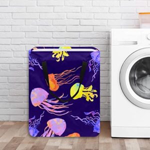 Colorful Jellyfish Sealife Print Collapsible Laundry Hamper, 60L Waterproof Laundry Baskets Washing Bin Clothes Toys Storage for Dorm Bathroom Bedroom