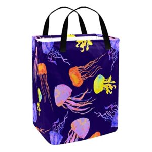 Colorful Jellyfish Sealife Print Collapsible Laundry Hamper, 60L Waterproof Laundry Baskets Washing Bin Clothes Toys Storage for Dorm Bathroom Bedroom