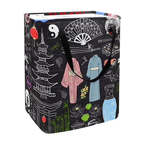 Japanese Cultures Print Collapsible Laundry Hamper, 60L Waterproof Laundry Baskets Washing Bin Clothes Toys Storage for Dorm Bathroom Bedroom