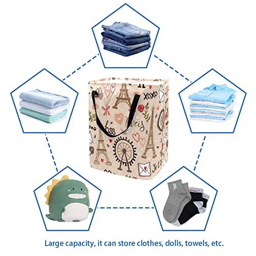 Romantic Pari Elffel Tower Print Collapsible Laundry Hamper, 60L Waterproof Laundry Baskets Washing Bin Clothes Toys Storage for Dorm Bathroom Bedroom