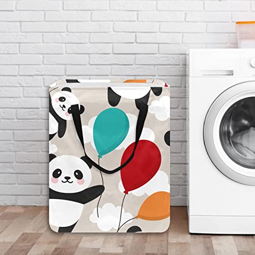 Panda Holds Balloon Flying in Sky Print Collapsible Laundry Hamper, 60L Waterproof Laundry Baskets Washing Bin Clothes Toys Storage for Dorm Bathroom Bedroom