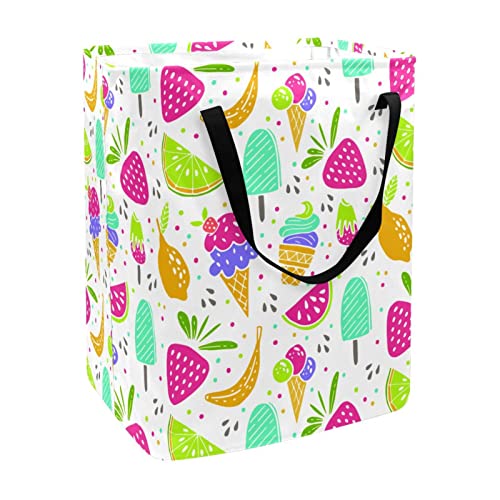 Ice Cream Cake and Fruits Print Collapsible Laundry Hamper, 60L Waterproof Laundry Baskets Washing Bin Clothes Toys Storage for Dorm Bathroom Bedroom