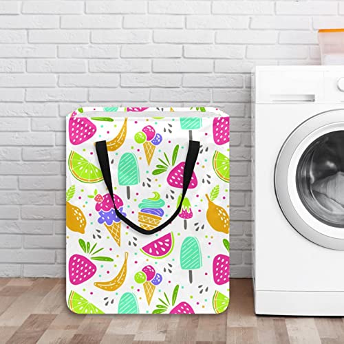 Ice Cream Cake and Fruits Print Collapsible Laundry Hamper, 60L Waterproof Laundry Baskets Washing Bin Clothes Toys Storage for Dorm Bathroom Bedroom