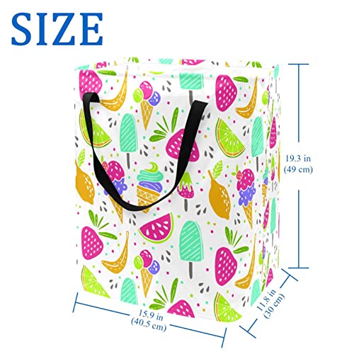 Ice Cream Cake and Fruits Print Collapsible Laundry Hamper, 60L Waterproof Laundry Baskets Washing Bin Clothes Toys Storage for Dorm Bathroom Bedroom