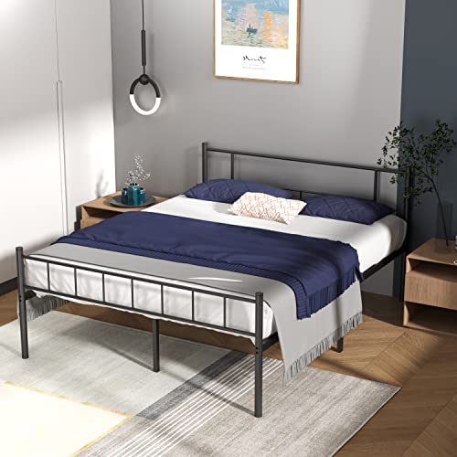 Metal Platform Bed Frame Queen Mattress Foundation Heavy-Duty Steel Slat Noise-Free Support with Headboard & Foot Board NO Boxing Spring Needed Under-Bed Storage Easy Assembly, Queen