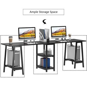 soges Double Computer Desk, 94.5 Inch Two Person Desk, Dual Desk for Home Office, Long Writing Desk Workstation with Storage Shelves, Black