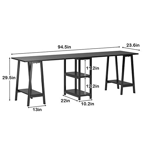 soges Double Computer Desk, 94.5 Inch Two Person Desk, Dual Desk for Home Office, Long Writing Desk Workstation with Storage Shelves, Black