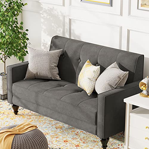 POINTANT Velvet Love Seat Mini Couch Small Settee Loveseat Bench for Living Room Small Spaces, Upholstered Small Loveseat Sofa Couches with Tufted Padded Cushion, Mid Century Modern Grey Love Seats