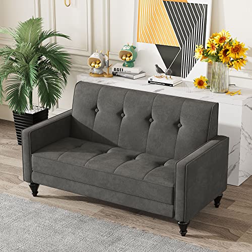 POINTANT Velvet Love Seat Mini Couch Small Settee Loveseat Bench for Living Room Small Spaces, Upholstered Small Loveseat Sofa Couches with Tufted Padded Cushion, Mid Century Modern Grey Love Seats