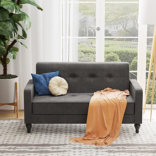 POINTANT Velvet Love Seat Mini Couch Small Settee Loveseat Bench for Living Room Small Spaces, Upholstered Small Loveseat Sofa Couches with Tufted Padded Cushion, Mid Century Modern Grey Love Seats