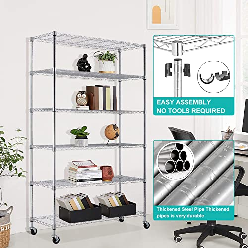 BLKMTY 6 Tier Wire Shelving Unit Adjustable Storage Shelves Metal Shelf with Wheels Wire Rack for Garage Basement Kitchen Racks 2100lbs Capacity Metal Pantry Shelves 48"x18"x82", Silver