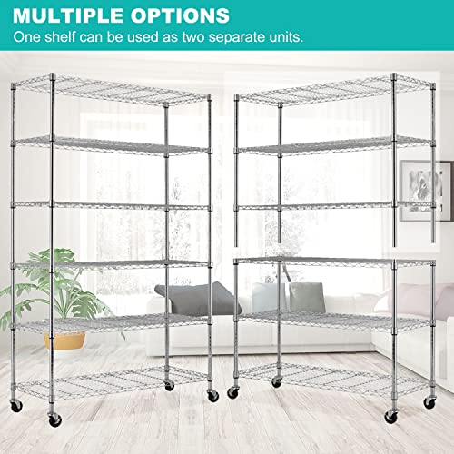 BLKMTY 6 Tier Wire Shelving Unit Adjustable Storage Shelves Metal Shelf with Wheels Wire Rack for Garage Basement Kitchen Racks 2100lbs Capacity Metal Pantry Shelves 48"x18"x82", Silver