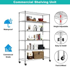 BLKMTY 6 Tier Wire Shelving Unit Adjustable Storage Shelves Metal Shelf with Wheels Wire Rack for Garage Basement Kitchen Racks 2100lbs Capacity Metal Pantry Shelves 48"x18"x82", Silver