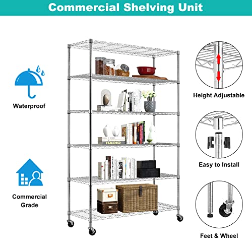 BLKMTY 6 Tier Wire Shelving Unit Adjustable Storage Shelves Metal Shelf with Wheels Wire Rack for Garage Basement Kitchen Racks 2100lbs Capacity Metal Pantry Shelves 48"x18"x82", Silver