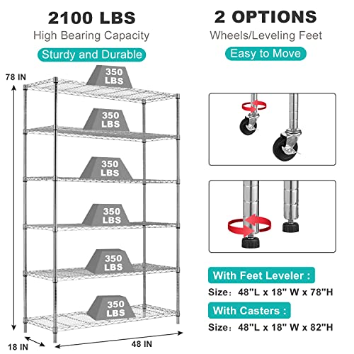 BLKMTY 6 Tier Wire Shelving Unit Adjustable Storage Shelves Metal Shelf with Wheels Wire Rack for Garage Basement Kitchen Racks 2100lbs Capacity Metal Pantry Shelves 48"x18"x82", Silver