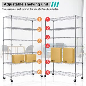 BLKMTY 6 Tier Wire Shelving Unit Adjustable Storage Shelves Metal Shelf with Wheels Wire Rack for Garage Basement Kitchen Racks 2100lbs Capacity Metal Pantry Shelves 48"x18"x82", Silver