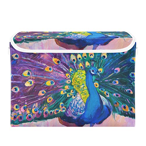 Kigai Peacock Storage Bins Foldable Large Cube Storage Box with Lids and Handles for Home Organizer Closet Office Decor 16.5x12.6x11.8 In