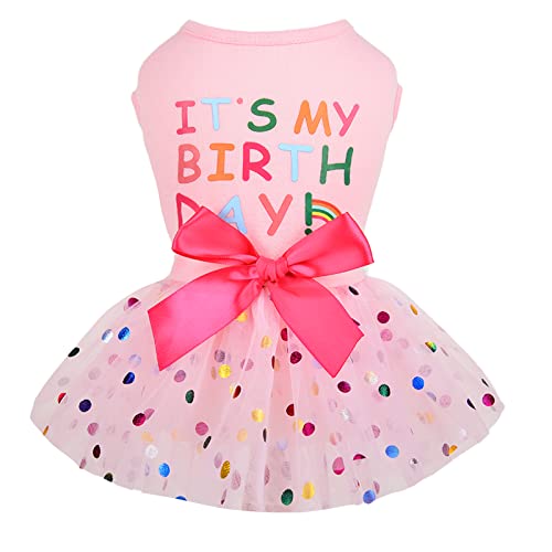 Dog Birthday Dress, It's My Birthday Pet Dog Outfit, Polka Dots Lace Tutu Dog Clothes for Small Dogs Girl, Cat Apparel, Pink, X-Small