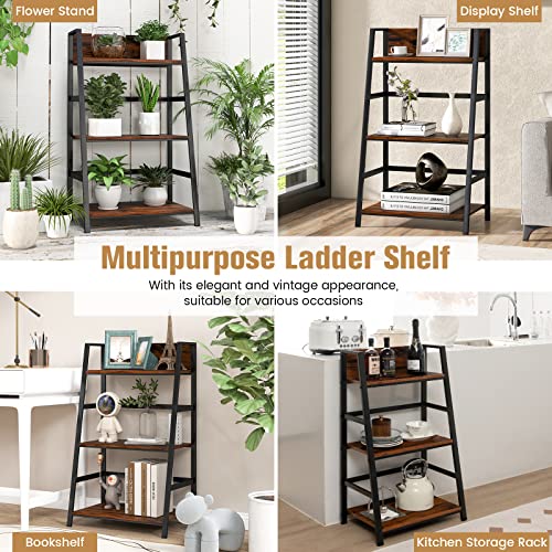 Tangkula 3-Tier Ladder Bookshelf, Industrial Wooden Bookcase w/Metal Frame, Anti-Toppling Device, Freestanding Display Shelf Plant Stand, Storage Rack for Home Office Living Room Kitchen (2, 3-Tier)