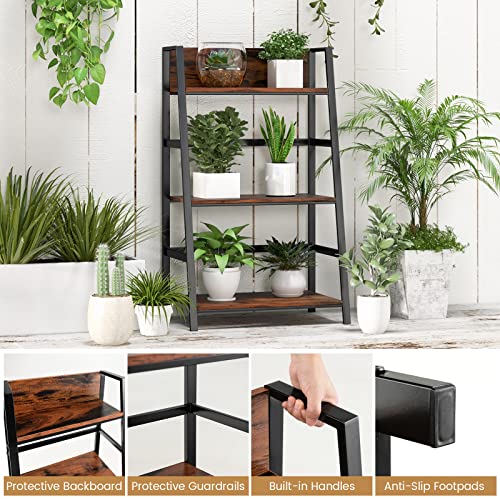 Tangkula 3-Tier Ladder Bookshelf, Industrial Wooden Bookcase w/Metal Frame, Anti-Toppling Device, Freestanding Display Shelf Plant Stand, Storage Rack for Home Office Living Room Kitchen (2, 3-Tier)