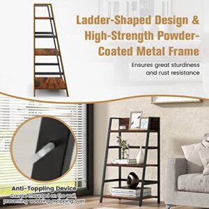 Tangkula 3-Tier Ladder Bookshelf, Industrial Wooden Bookcase w/Metal Frame, Anti-Toppling Device, Freestanding Display Shelf Plant Stand, Storage Rack for Home Office Living Room Kitchen (2, 3-Tier)