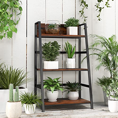 Tangkula 3-Tier Ladder Bookshelf, Industrial Wooden Bookcase w/Metal Frame, Anti-Toppling Device, Freestanding Display Shelf Plant Stand, Storage Rack for Home Office Living Room Kitchen (2, 3-Tier)