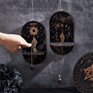 CRASPIRE 2 Sets Small Crystal Shelf Black Sun Crystal Display Shelf Magical Boho Hand Shelf Witch Stuff Wooden Hanging Rustic Crystal Holder Stand for Crystals Essential Oil Necklace Jewelry