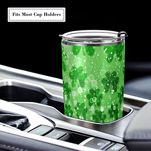 Green Glitter Sparkle Clovers Travel Mug Insulated Tumbler with Lid and Straw Abstract Lucky Irish Shamrock Stainless Steel Vacuum Double Walled Drinking Cup Keeps Drinks Cold&Hot Water Bottle for T