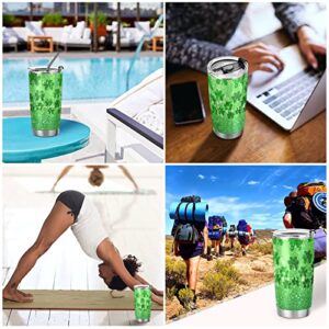 Green Glitter Sparkle Clovers Travel Mug Insulated Tumbler with Lid and Straw Abstract Lucky Irish Shamrock Stainless Steel Vacuum Double Walled Drinking Cup Keeps Drinks Cold&Hot Water Bottle for T