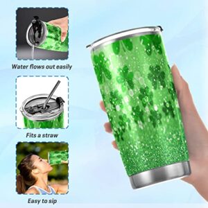 Green Glitter Sparkle Clovers Travel Mug Insulated Tumbler with Lid and Straw Abstract Lucky Irish Shamrock Stainless Steel Vacuum Double Walled Drinking Cup Keeps Drinks Cold&Hot Water Bottle for T