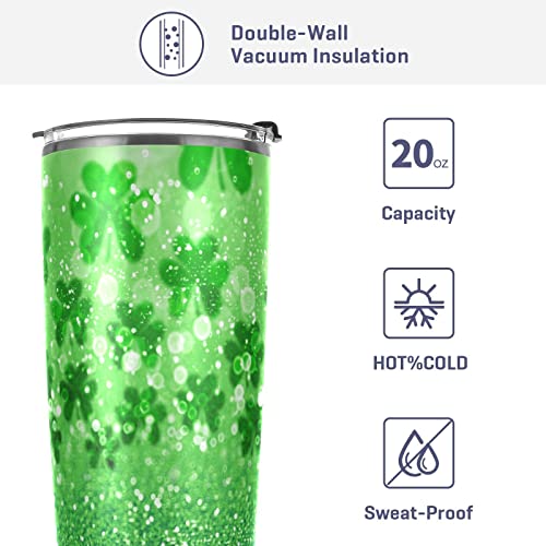 Green Glitter Sparkle Clovers Travel Mug Insulated Tumbler with Lid and Straw Abstract Lucky Irish Shamrock Stainless Steel Vacuum Double Walled Drinking Cup Keeps Drinks Cold&Hot Water Bottle for T