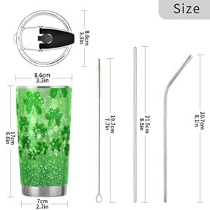 Green Glitter Sparkle Clovers Travel Mug Insulated Tumbler with Lid and Straw Abstract Lucky Irish Shamrock Stainless Steel Vacuum Double Walled Drinking Cup Keeps Drinks Cold&Hot Water Bottle for T