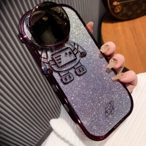 QoKcoahn Astronaut Hidden Stand Phone Case for iPhone 14 Pro Max,Cute Astronaut Lens Camera Protector Kickstand Luxury Glitter Bling 6D Electroplated Clear Soft TPU Protector for Men Women Purple