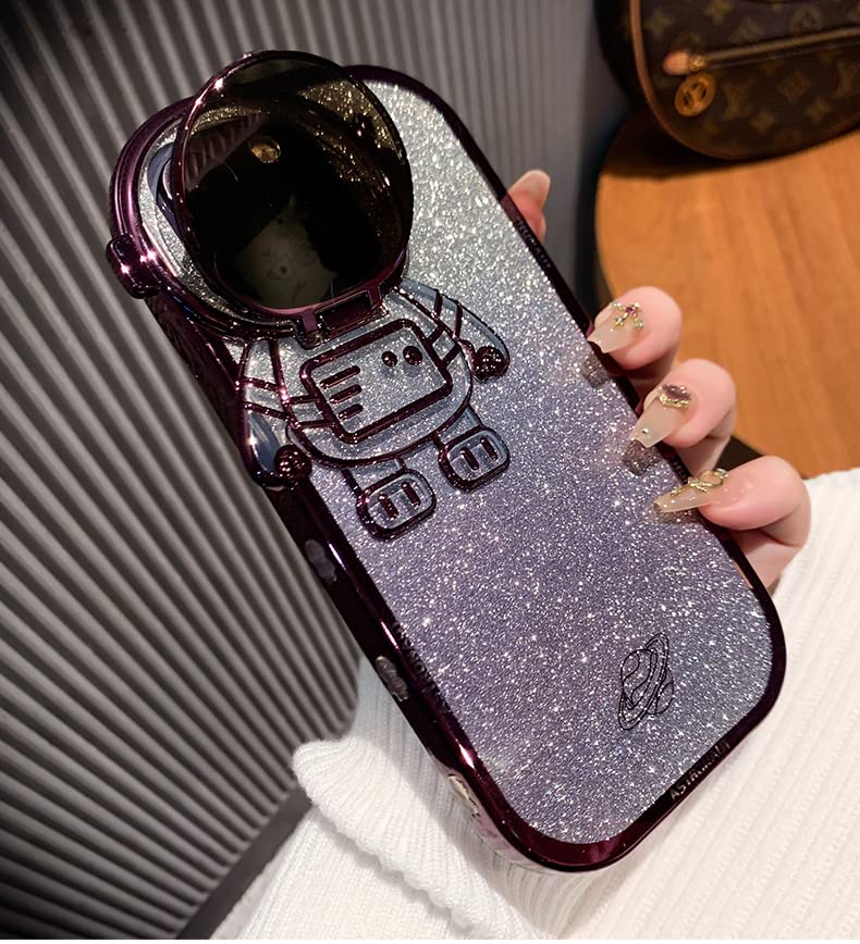 QoKcoahn Astronaut Hidden Stand Phone Case for iPhone 14 Pro Max,Cute Astronaut Lens Camera Protector Kickstand Luxury Glitter Bling 6D Electroplated Clear Soft TPU Protector for Men Women Purple